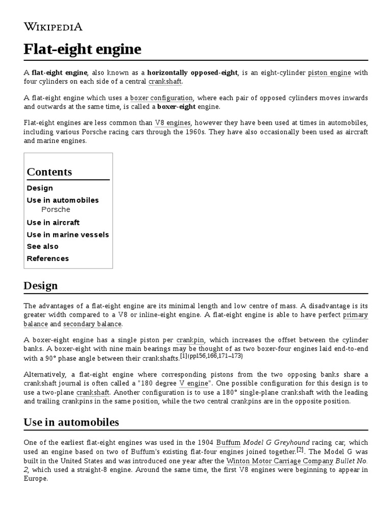 Flat-Eight Engine: Design Use in Automobiles Use in Aircraft Use in ...
