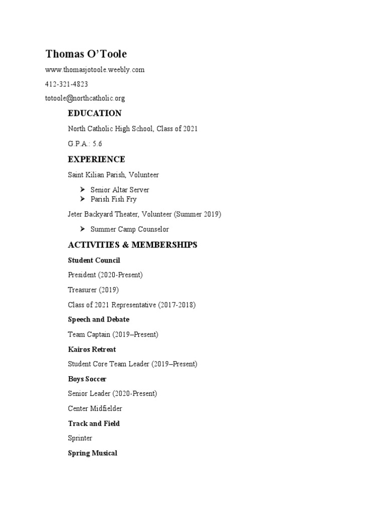 Thomas Otoole Resume | PDF | Sports & Recreation