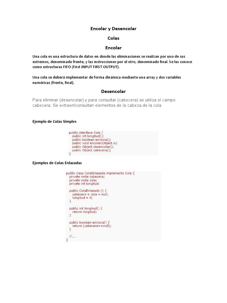 Implementación de Colas en Java | PDF | Cola (tipo de datos abstractos) | Métodos formales