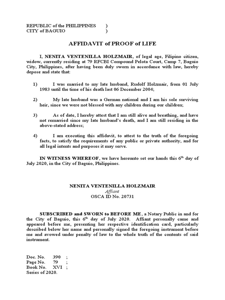 Affidavit of Proof of Life: IN WITNESS WHEREOF, We Have Hereunto Set ...