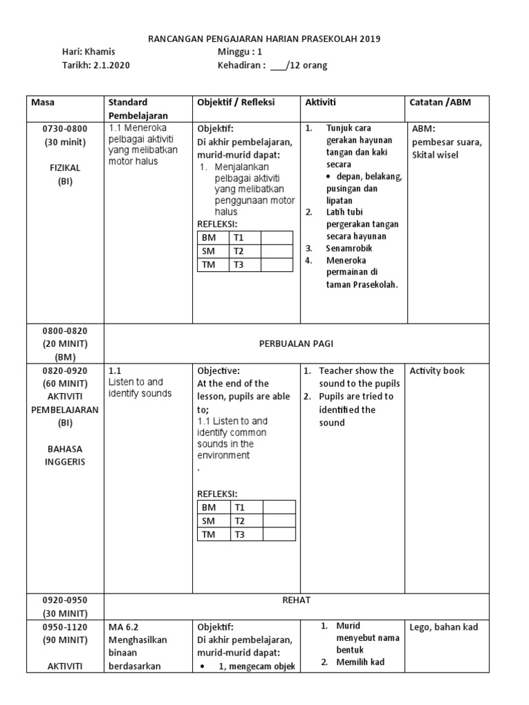 Rancangan Pengajaran Harian Prasekolah 2020 M1 | PDF