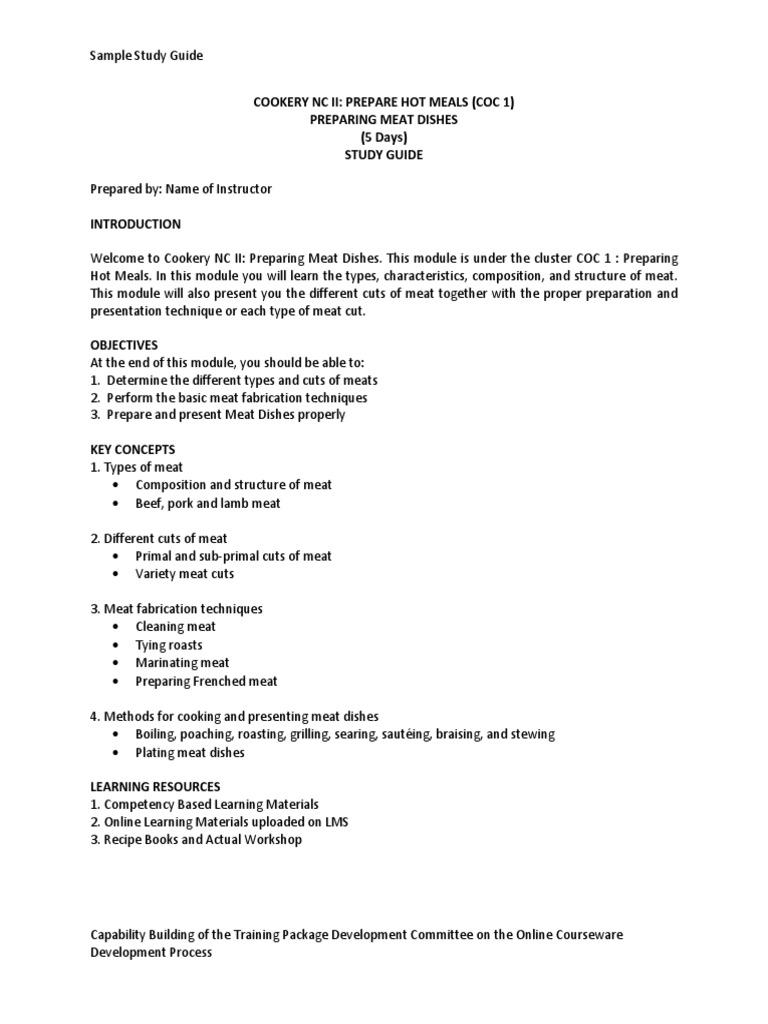 Cookery NC Ii: Prepare Hot Meals (Coc 1) Preparing Meat Dishes (5 Days ...