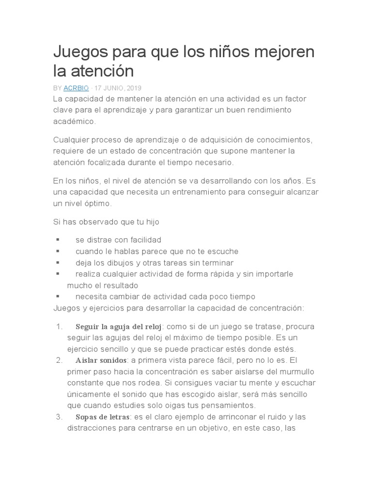 Juegos para mejorar la atención infantil | PDF | Memoria | Aprendizaje