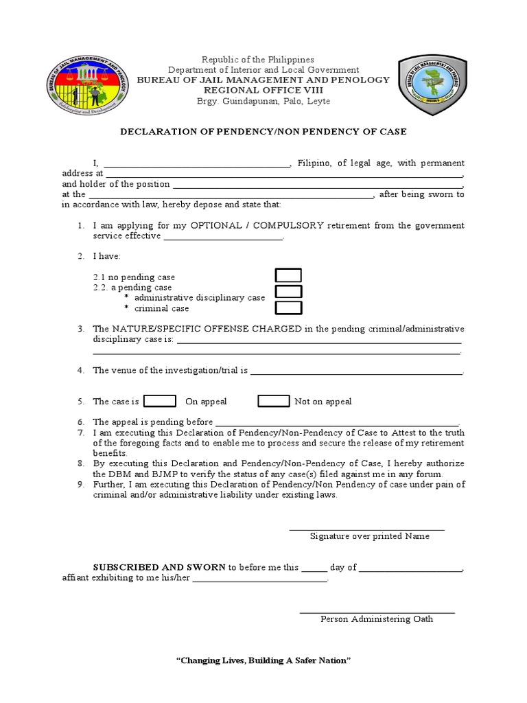 Declaration of Pendency/Non Pendency of Case: Bureau of Jail Management ...