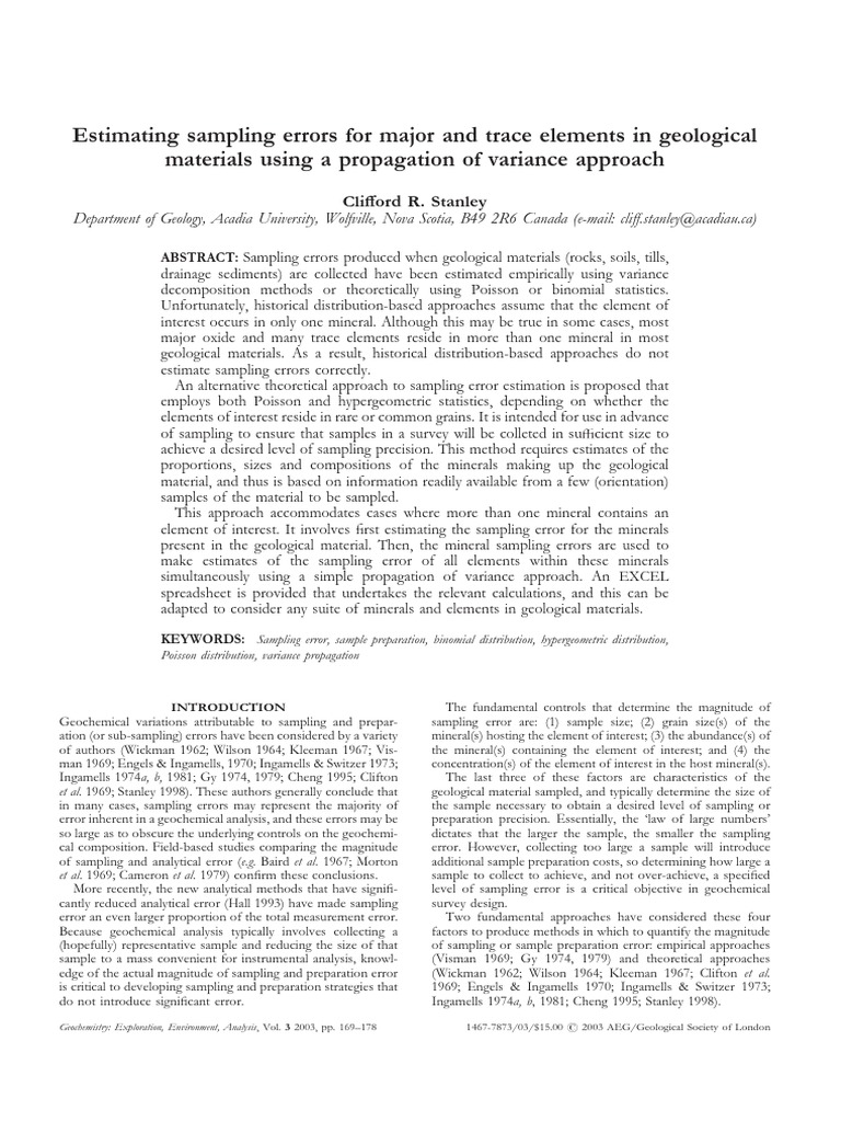 2003 Stanley Estimatingsamplingerrors | PDF | Sampling (Statistics) | Errors And Residuals