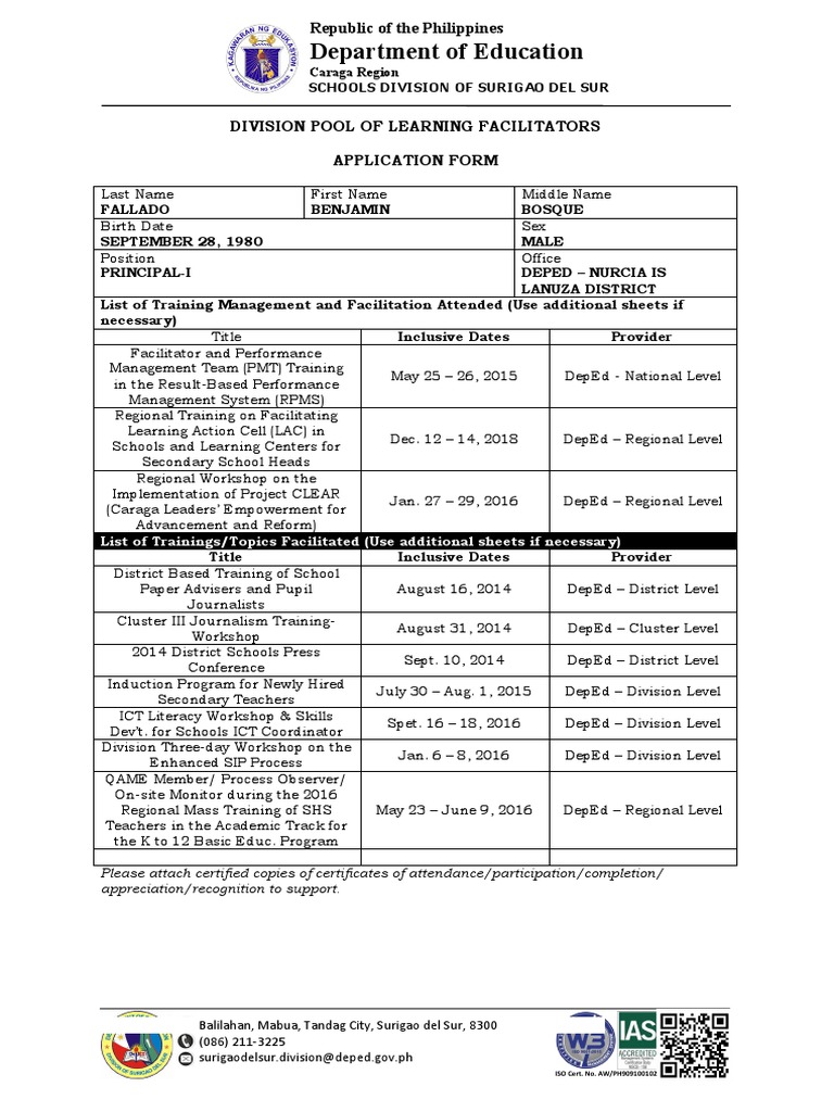 Department of Education: Division Pool of Learning Facilitators Application Form | PDF ...