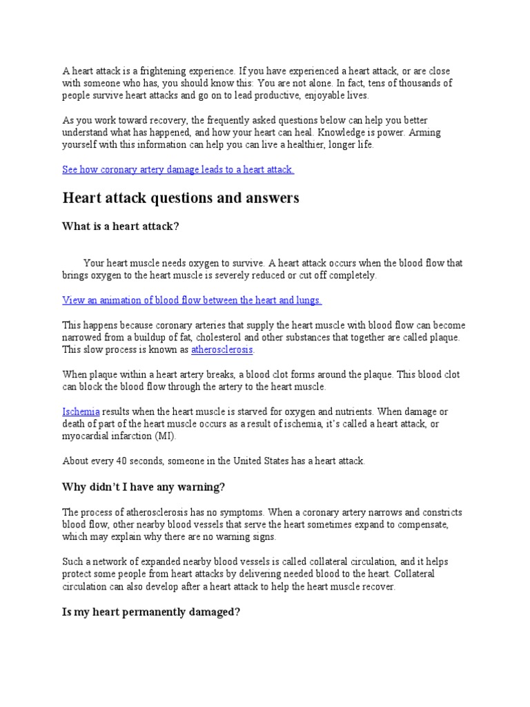 Heart Attack Recovery FAQs and Insights | PDF | Myocardial Infarction ...
