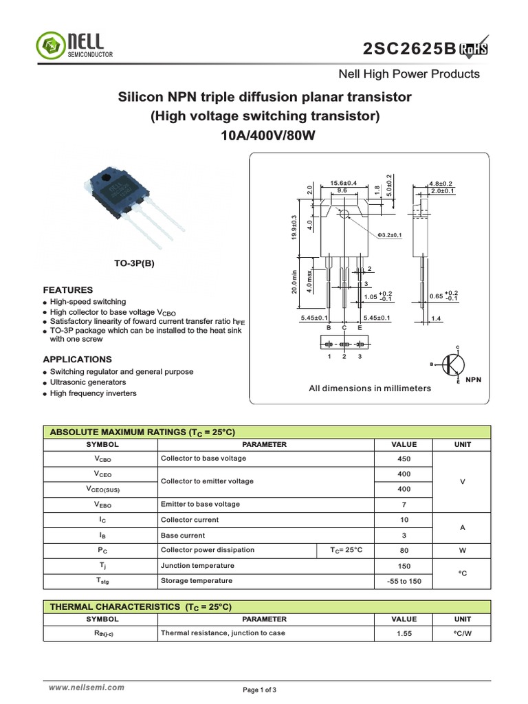 Silicon NPN Triple Diffusion Planar Transistor (High Voltage Switching Transistor) 10A/400V/80W ...