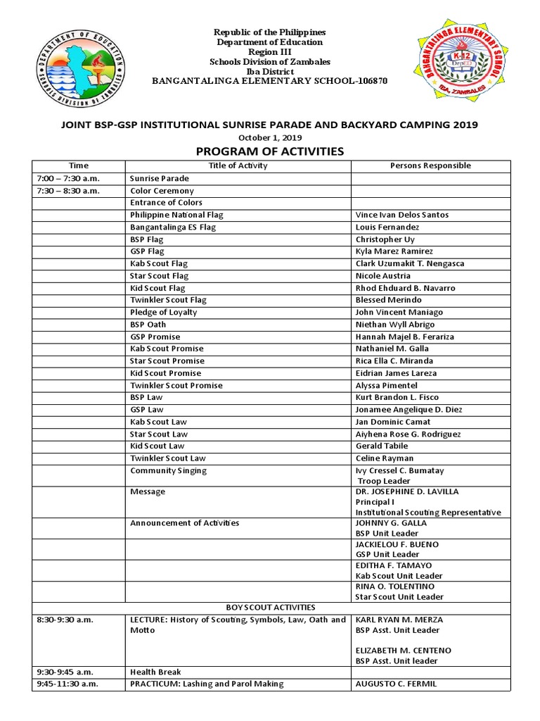 BSP Program of Activities 2019 | PDF | Youth Organizations | Outdoor ...