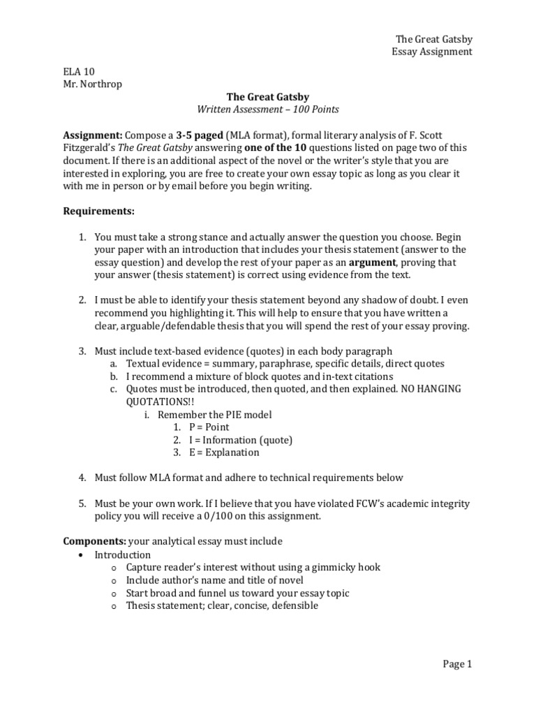Great Gatsby Essay Assignment | PDF | The Great Gatsby | Essays