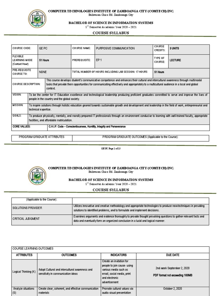 CHED Purposive Communication Syllabus | PDF | Online And Offline ...