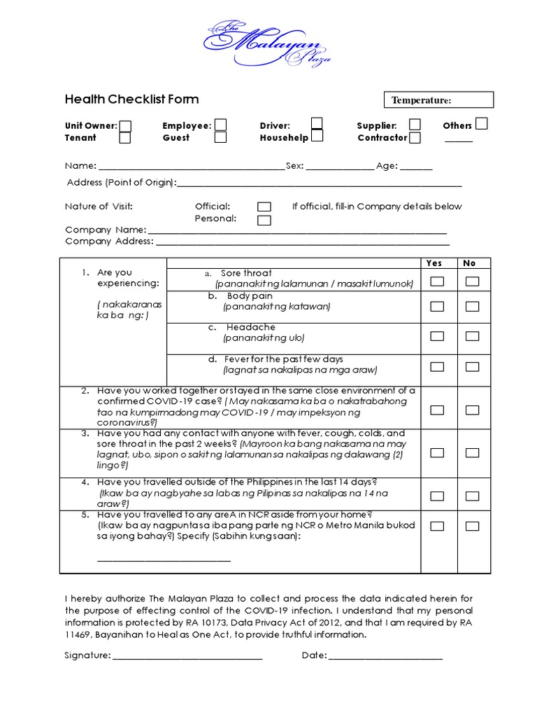 Health Checklist Form: (Nakakaranas Ka Ba NG:) (Pananakit NG Lalamunan ...