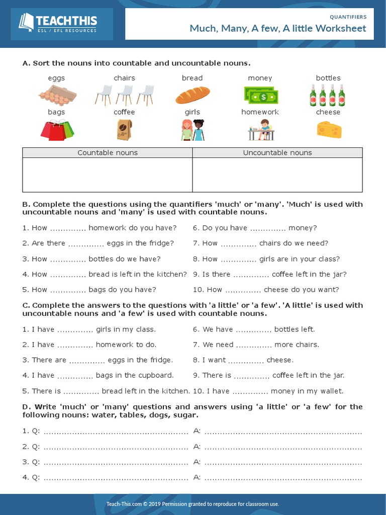 Much, Many, A Few, A Little Worksheet: Esl / Efl Resources | PDF | Noun ...