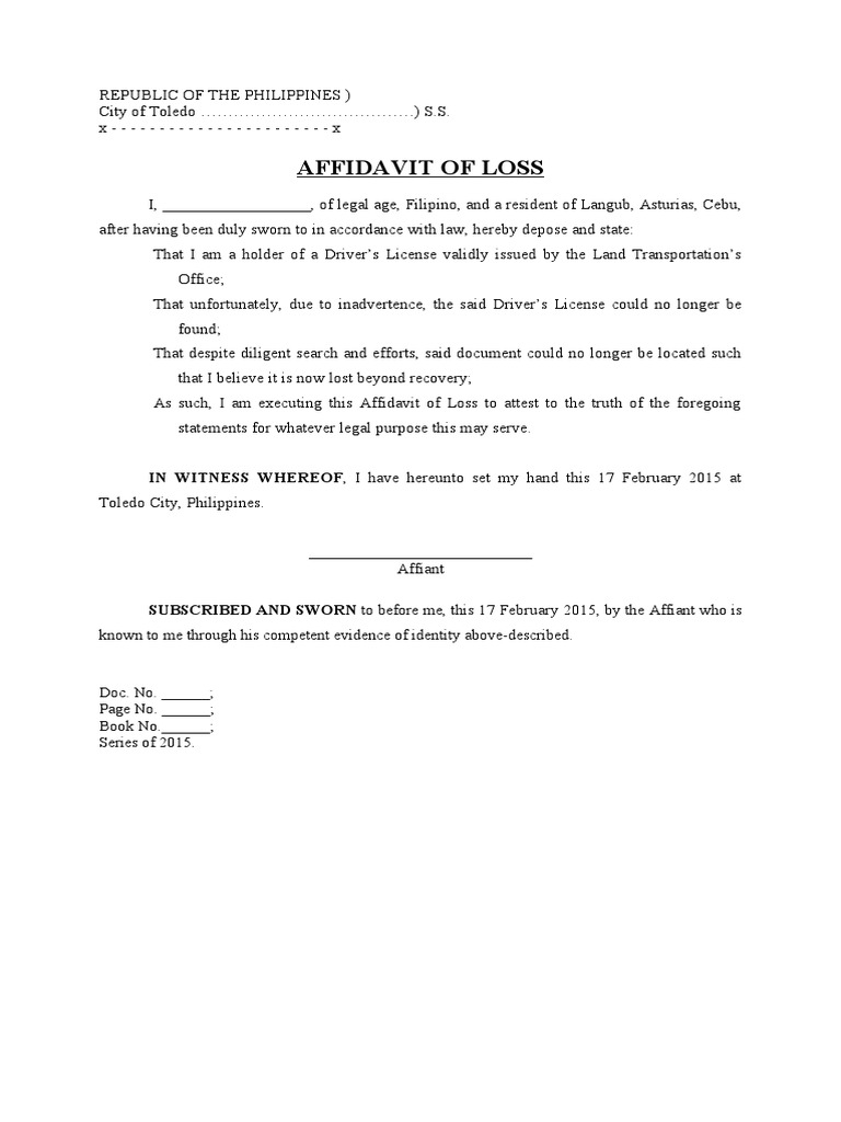 Affidavit of Loss: IN WITNESS WHEREOF, I Have Hereunto Set My Hand This ...