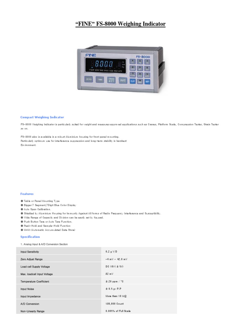FS-8000 Weighing Indicator Overview | PDF | Analog To Digital Converter ...