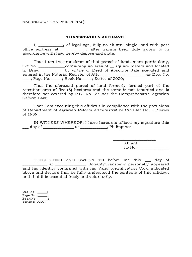 Transferor's Affidavit for Land Transfer | PDF