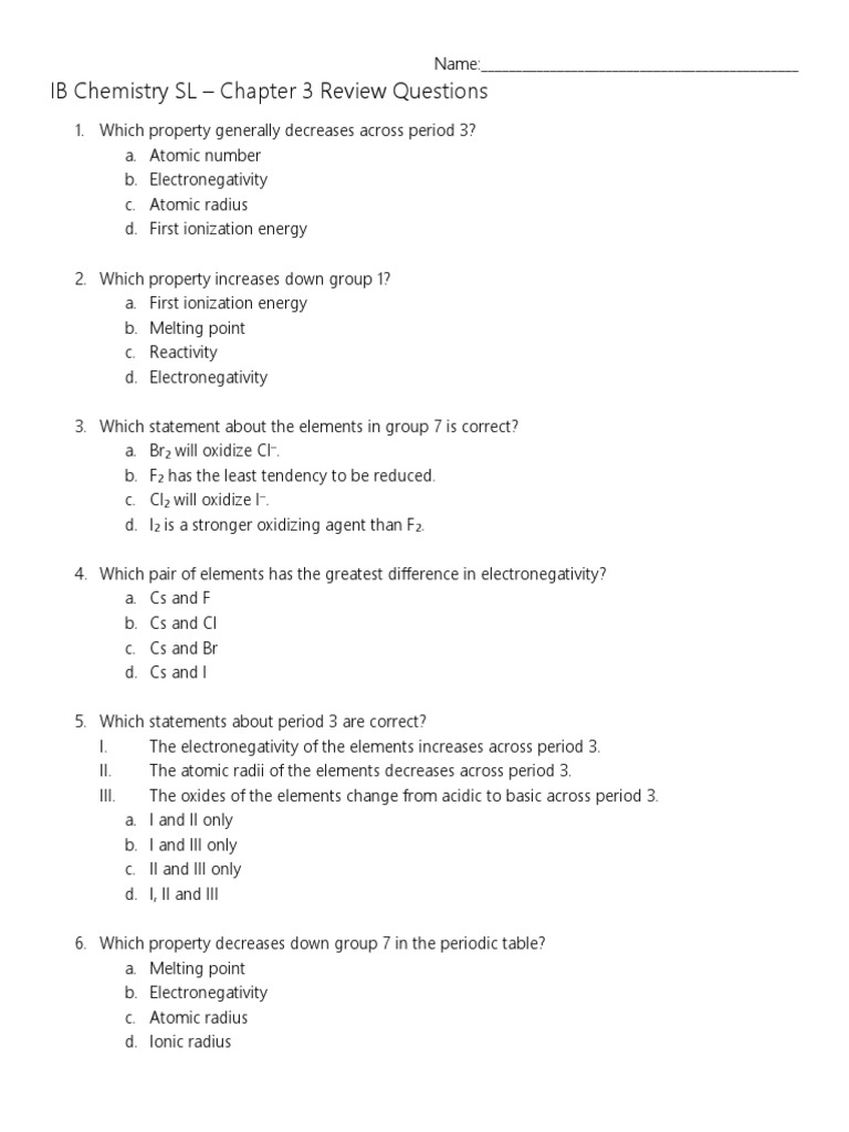 IB Chemistry SL Chapter 3 Review Questions | PDF | Periodic Table ...