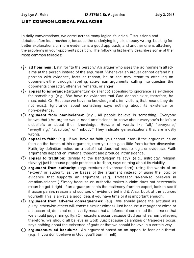 List Common Logical Fallacies: Joy Lyn A. Multo 12 STEM-2 St. Augustine ...