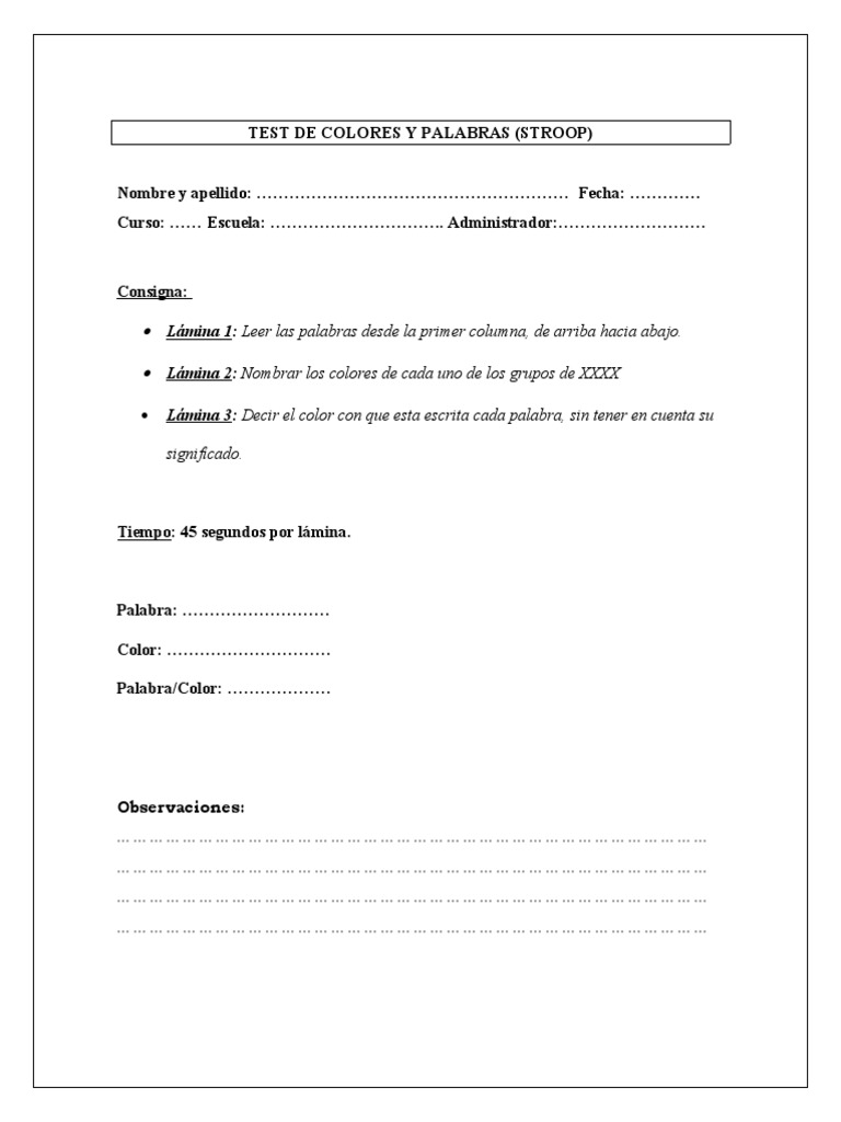 Stroop Protocolo Respuestas | PDF
