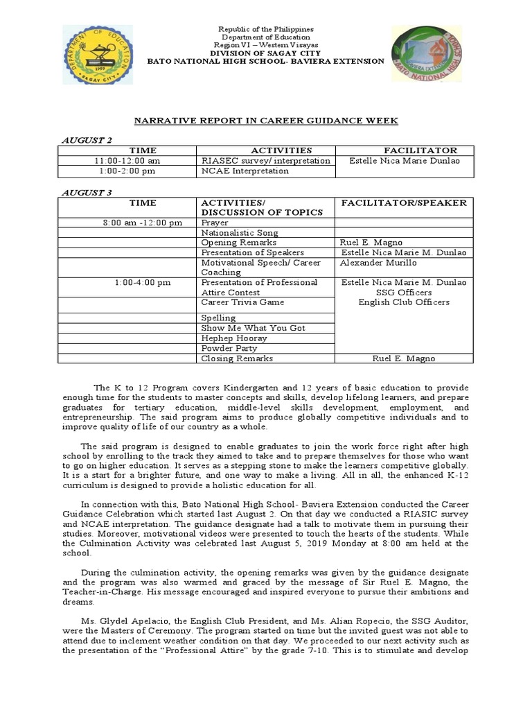 Final Narrative Report in Career Guidance Week | PDF | Cognition ...