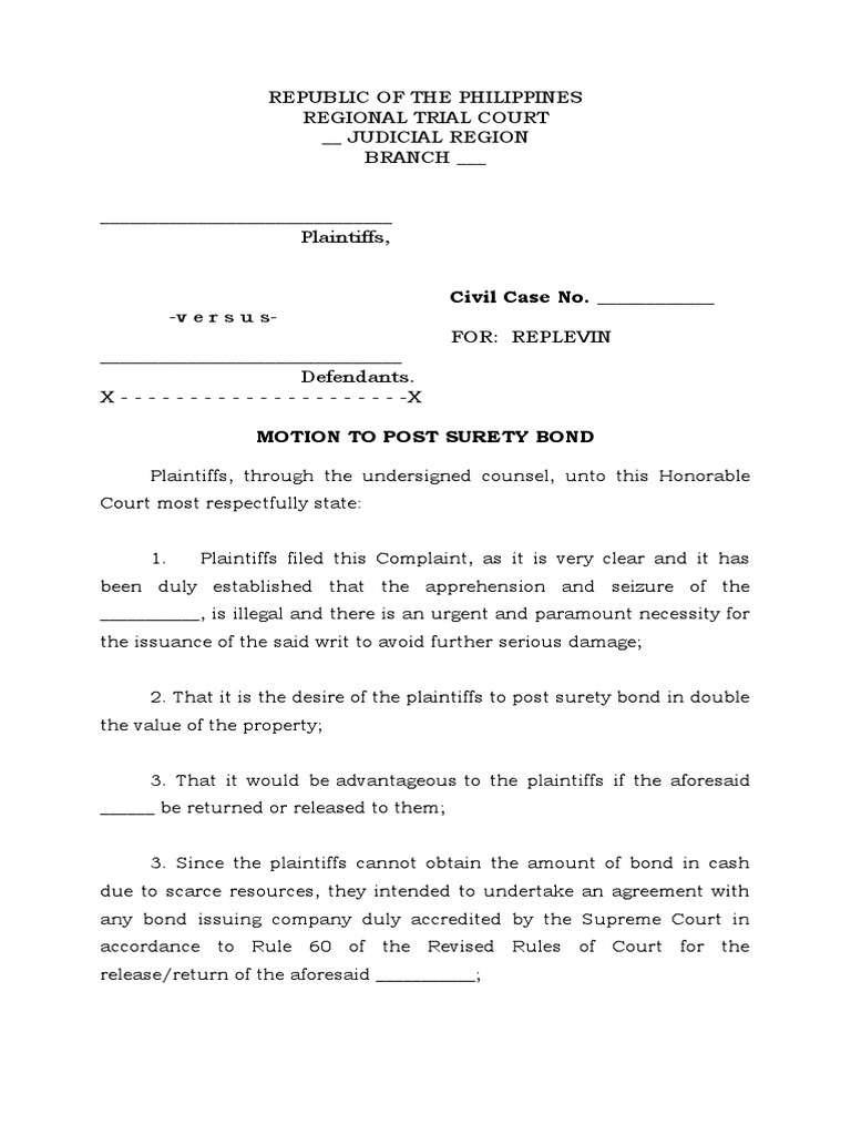 Motion to Post Surety Bond for Replevin | PDF