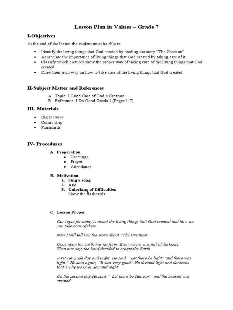 Values Education Lesson Plan for Grade 7 | PDF | Religion & Spirituality