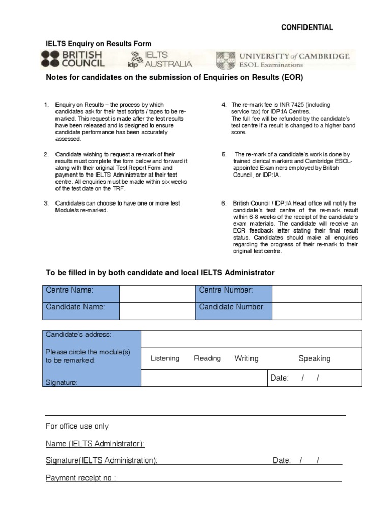IELTS EOR Form and Fee Details | PDF | International English Language ...