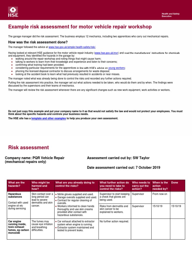Example Risk Assessment For Motor Vehicle Repair Workshop | PDF | Risk ...