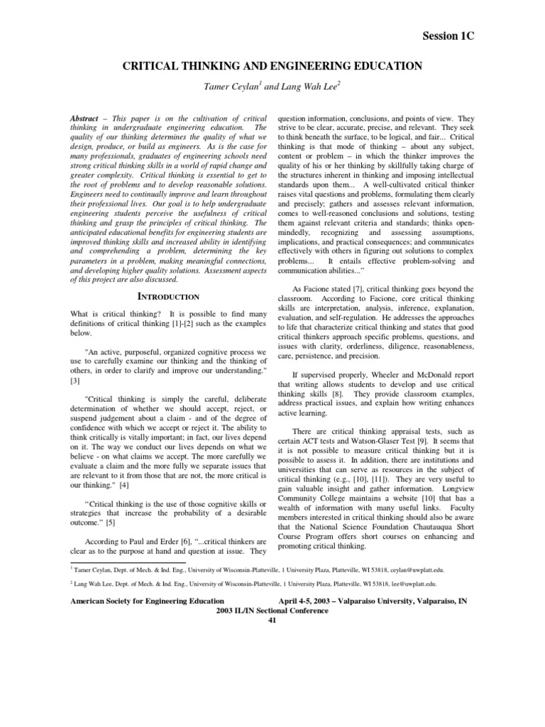 Enhancing Critical Thinking in Engineering | PDF | Critical Thinking ...