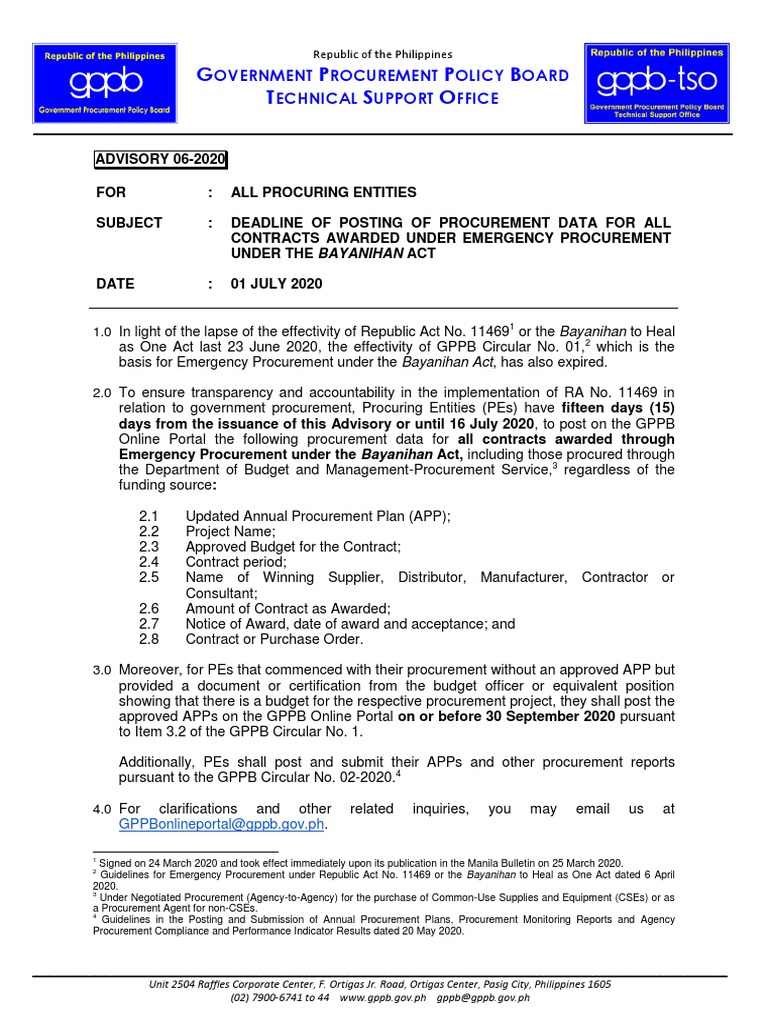 GPPB Advisory 06 2020 Deadline of Posting Procurement Data Bayanihan ...