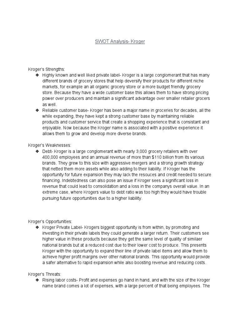 SWOT Analysis-Kroger | PDF | Retail | Grocery Store