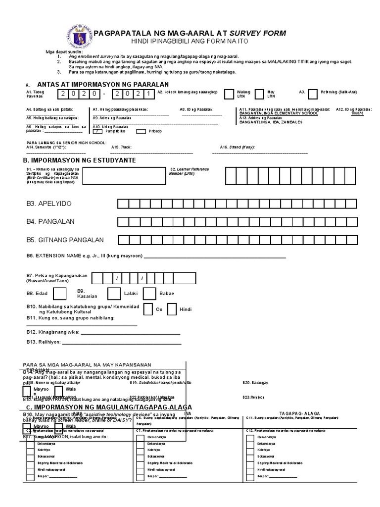Learner Enrollment and Survey Form Filipino | PDF