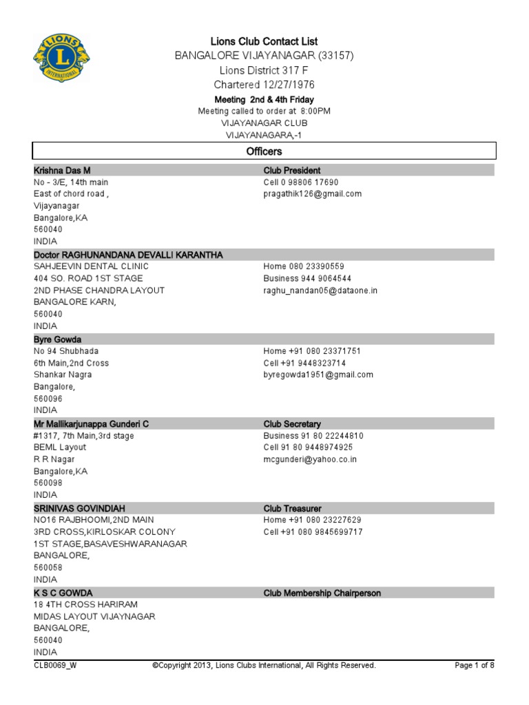 Lions Club Contact List Bangalore Vijayanagar (33157) Lions District ...