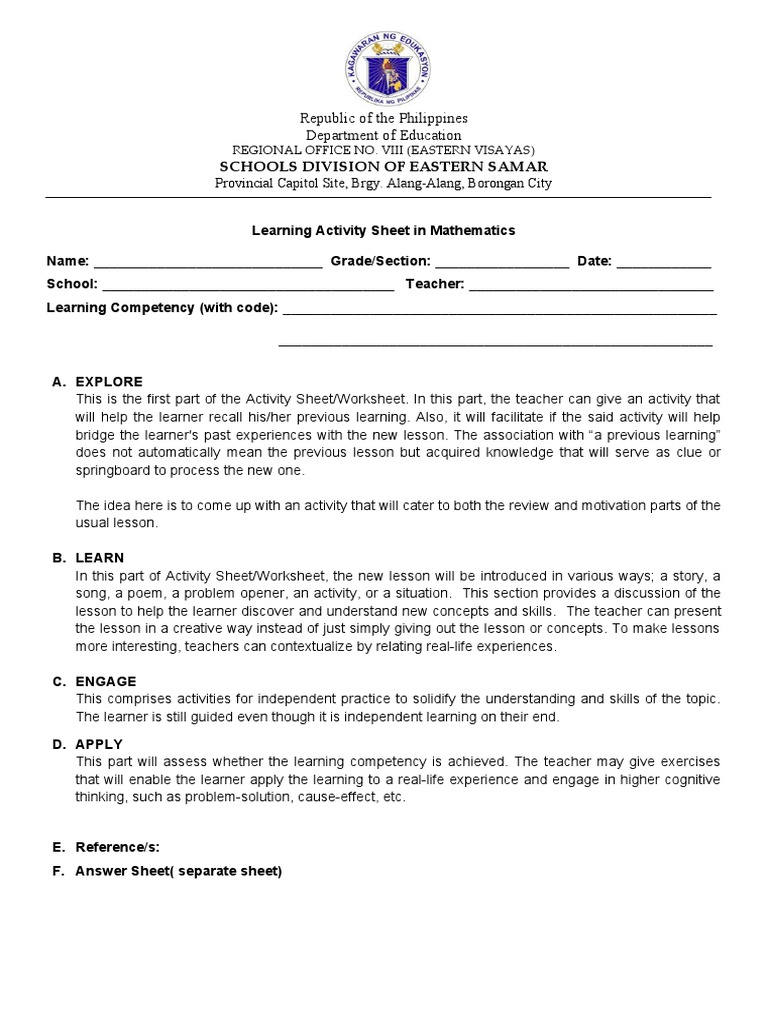 Parts of The Learning Activity Sheet in Mathematics | PDF