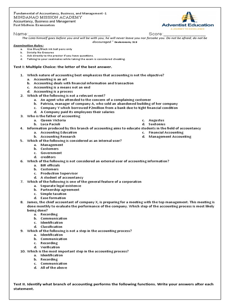 Name: - Score: - : Test I: Multiple Choice: The Letter of The Best ...