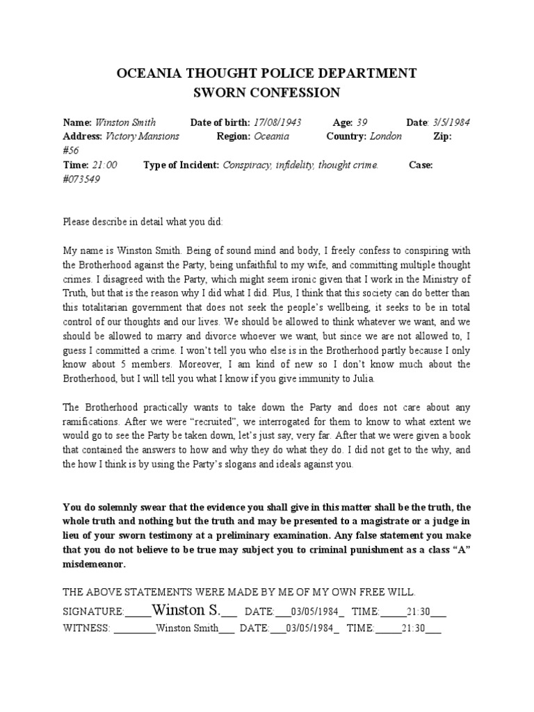 Oceania Thought Police Department Sworn Confession: Winston S | PDF ...