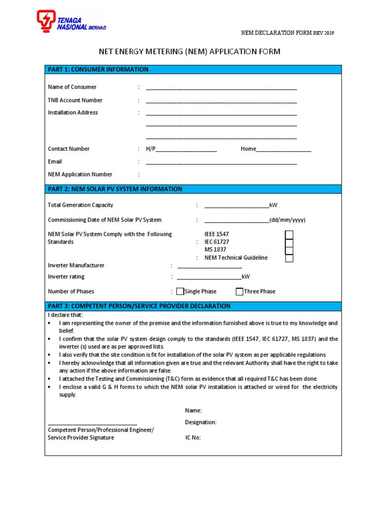NEM Declaration Form (TNB Contract) | PDF | Photovoltaic System ...