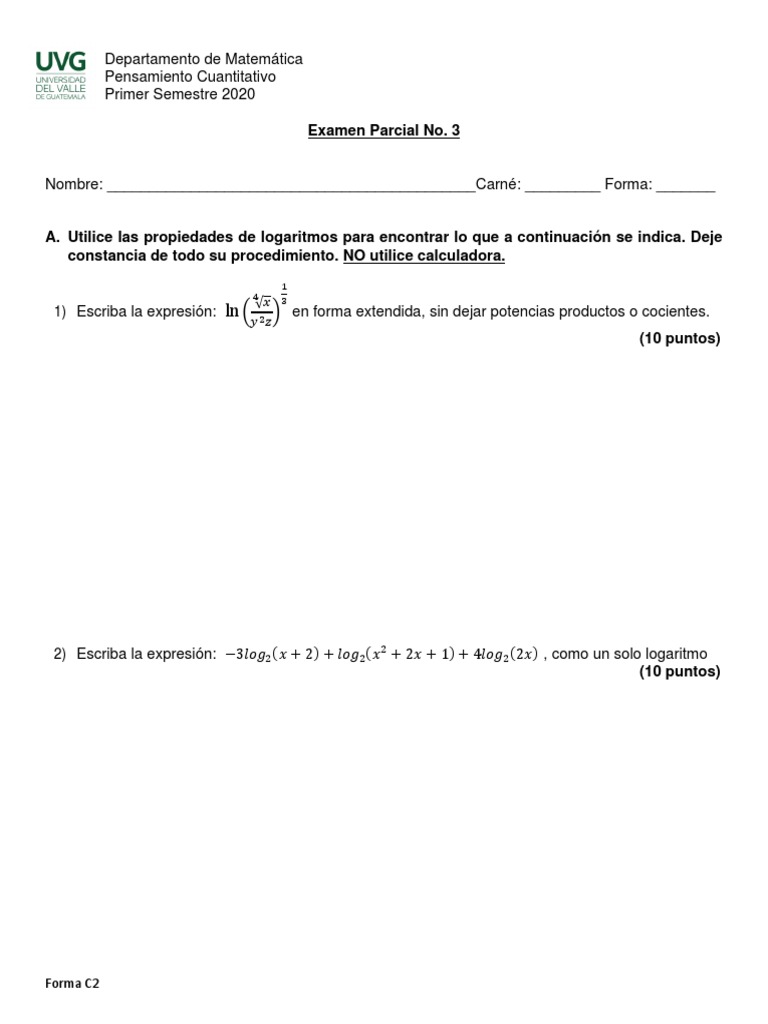 Examen Parcial No. 3 | PDF | Logaritmo | Análisis matemático