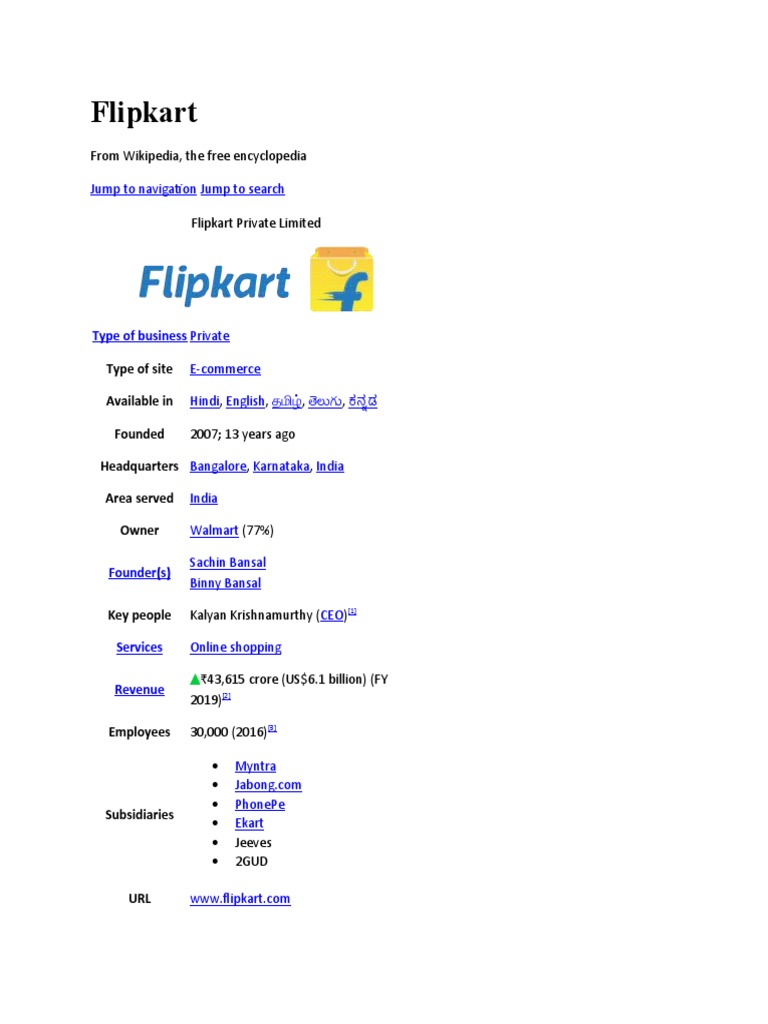 Flipkart: From Wikipedia, The Free Encyclopedia | PDF