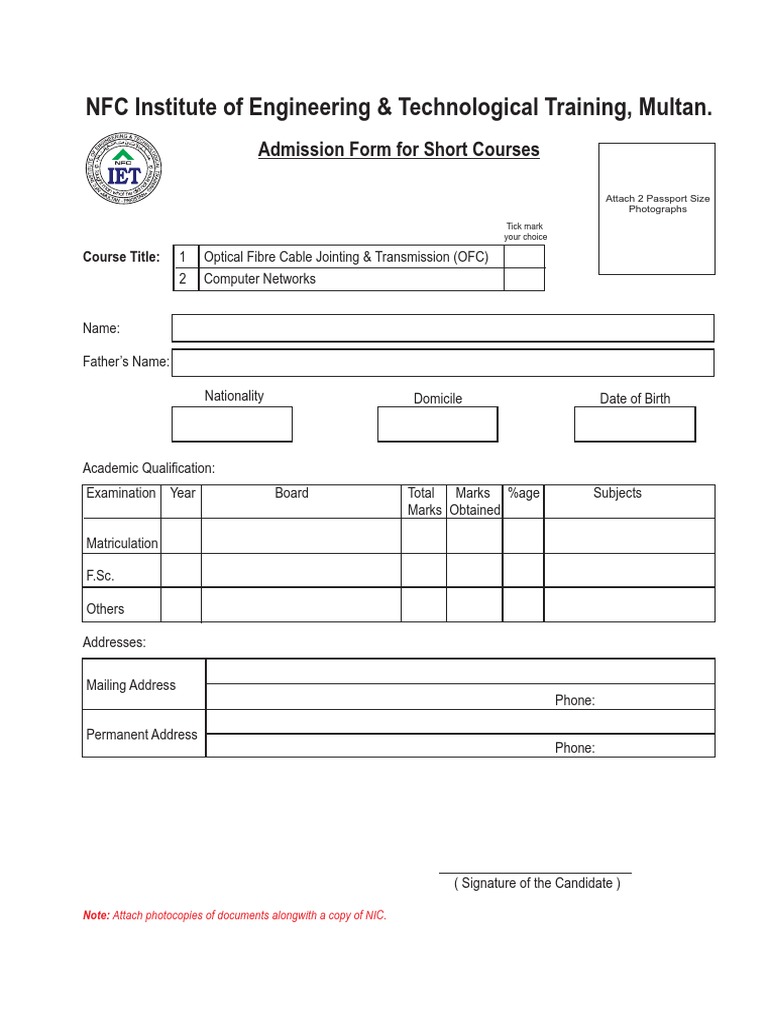 NFC Institute Short Course Admission Form | PDF