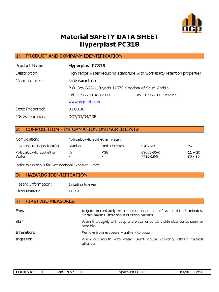 Hyperplast PC318 MSDS BH PDF | PDF | Toxicity | Occupational Safety And Health