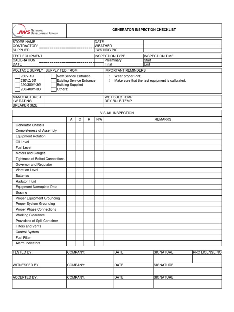 Generator Inspection Checklist: Etwork Evelopment Roup | PDF | Electric Generator | Electrical ...