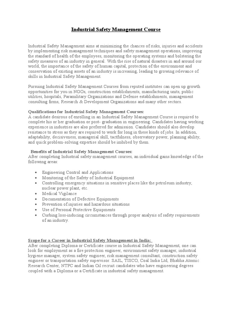 Qualifications For Industrial Safety Management Courses | PDF ...