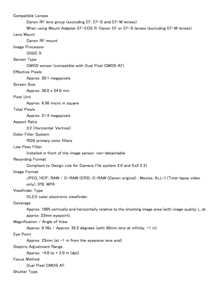 Canon R6 Specifications Overview | PDF | Pixel | Shutter (Photography)