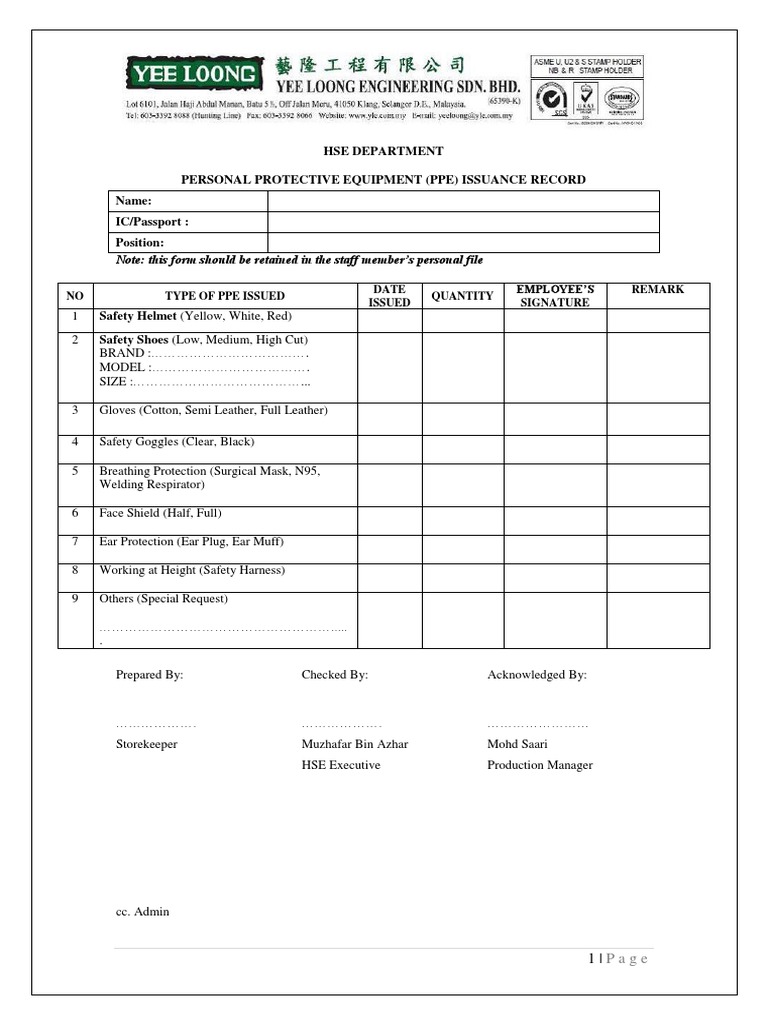 Ppe Issuance Record Form Rev 0 PDF | PDF | Personal Protective ...
