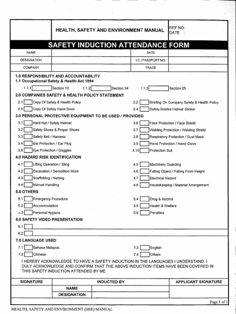 Safety Induction Checklist Form PDF | PDF