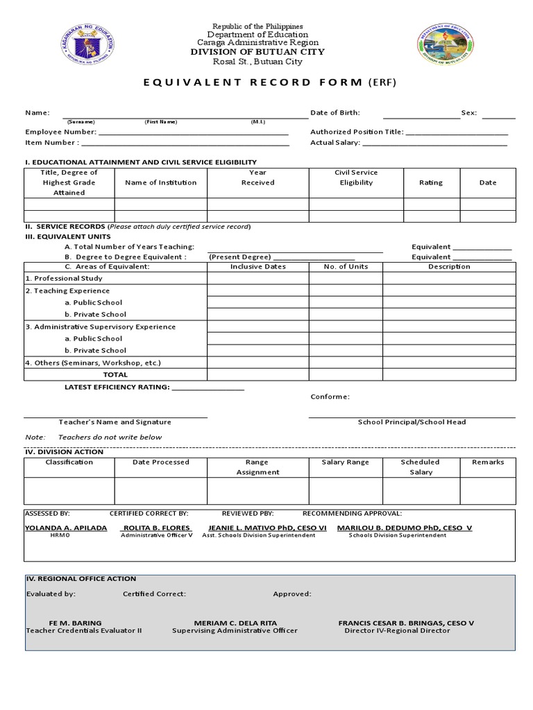Equivalent Record Form (Erf) : Division of Butuan City | PDF | Teachers ...