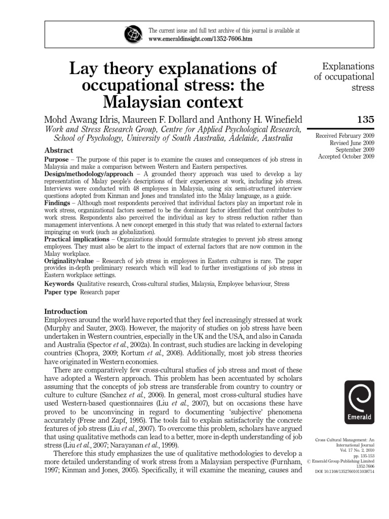Lay Theory Explanations of Occupational Stress: The Malaysian Context ...