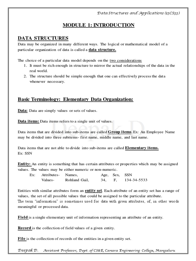 Module 1: Introduction: Data Structures and Applications (15CS33) | PDF | Pointer (Computer ...