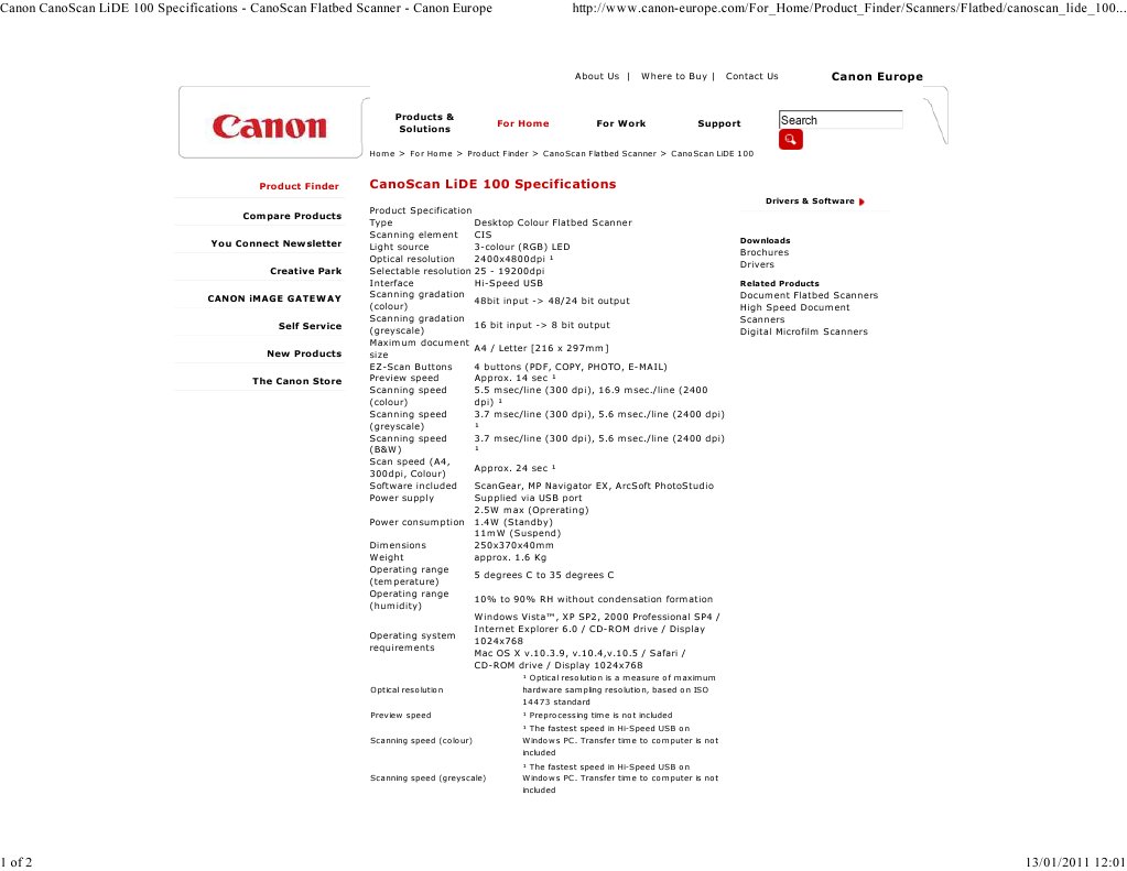 Canon CanoScan LiDE 100 Specifications - CanoScan Flatbed Scanner ...